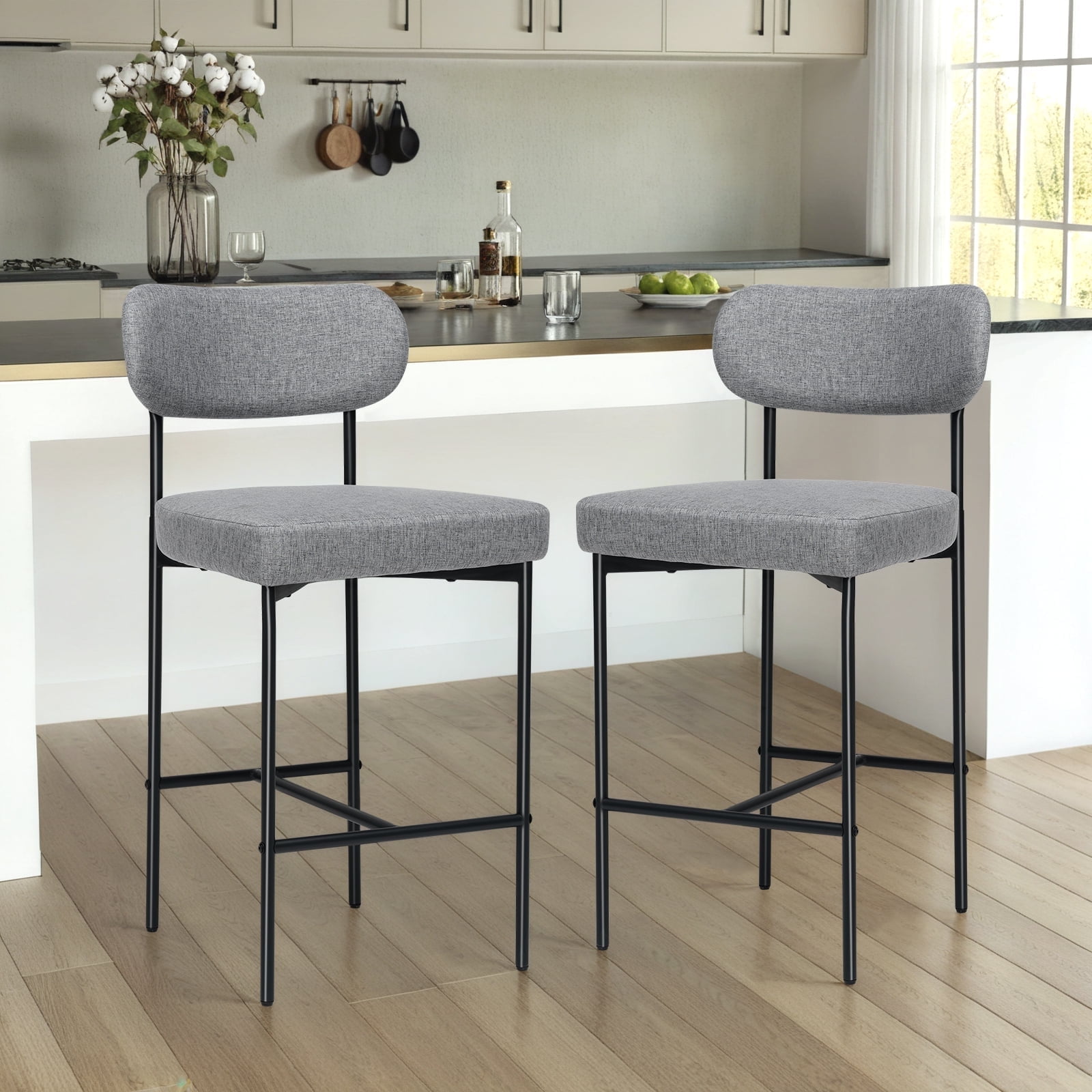Hommpa Bar Stools Chairs Set of 2, 26" Gray Fabric Kitchen Counter ...