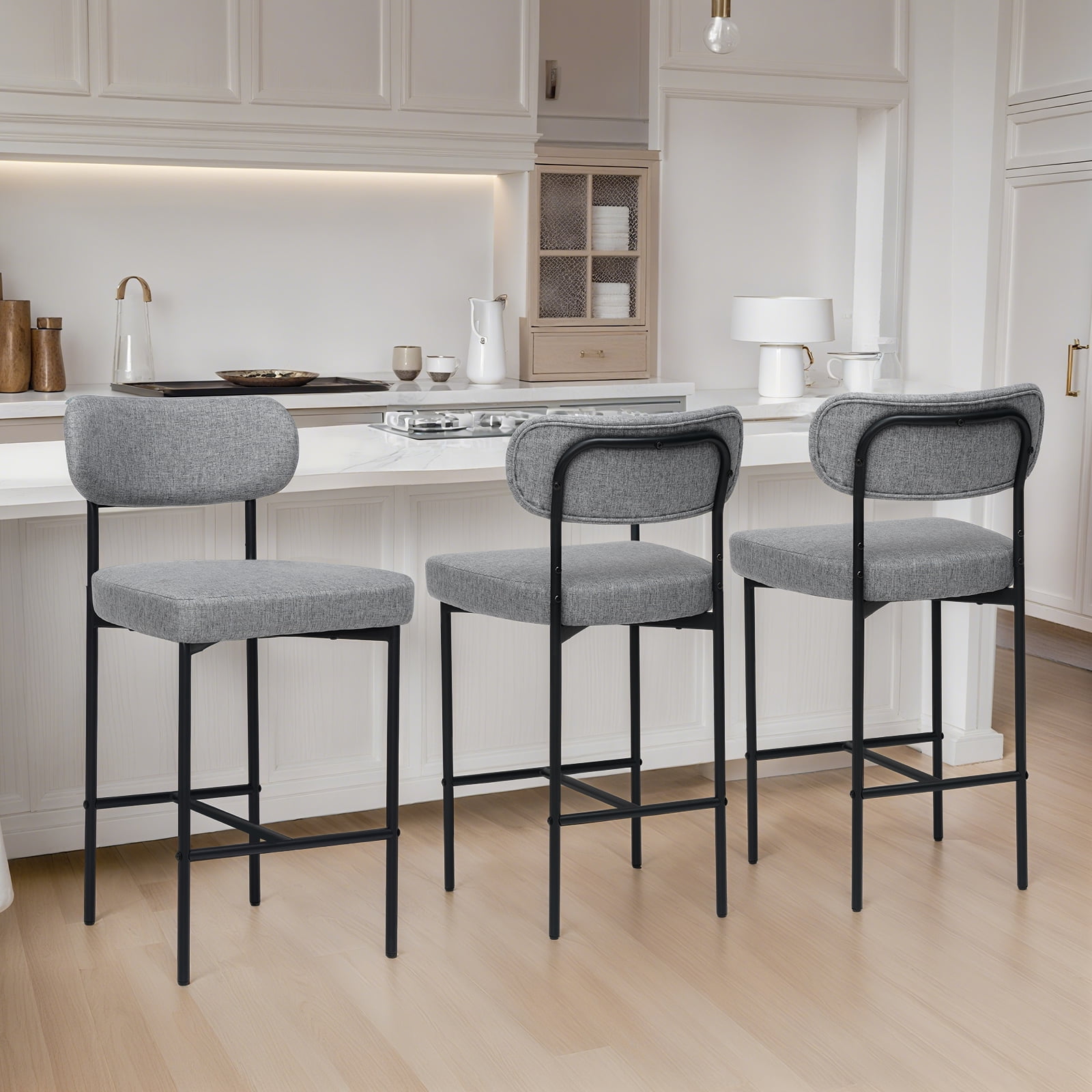 Hommpa 26" Bar Stools Set of 3 with Upholstered Cotton Linen Seat ...