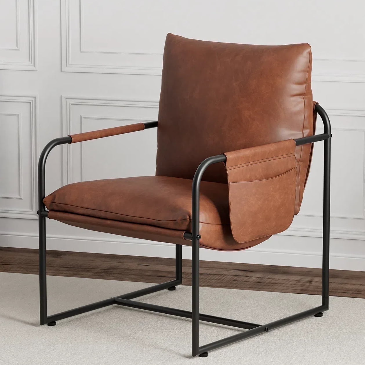 HOMMPA Brown Accent Chair, Metal Frame with PU Leather Cushion and ...