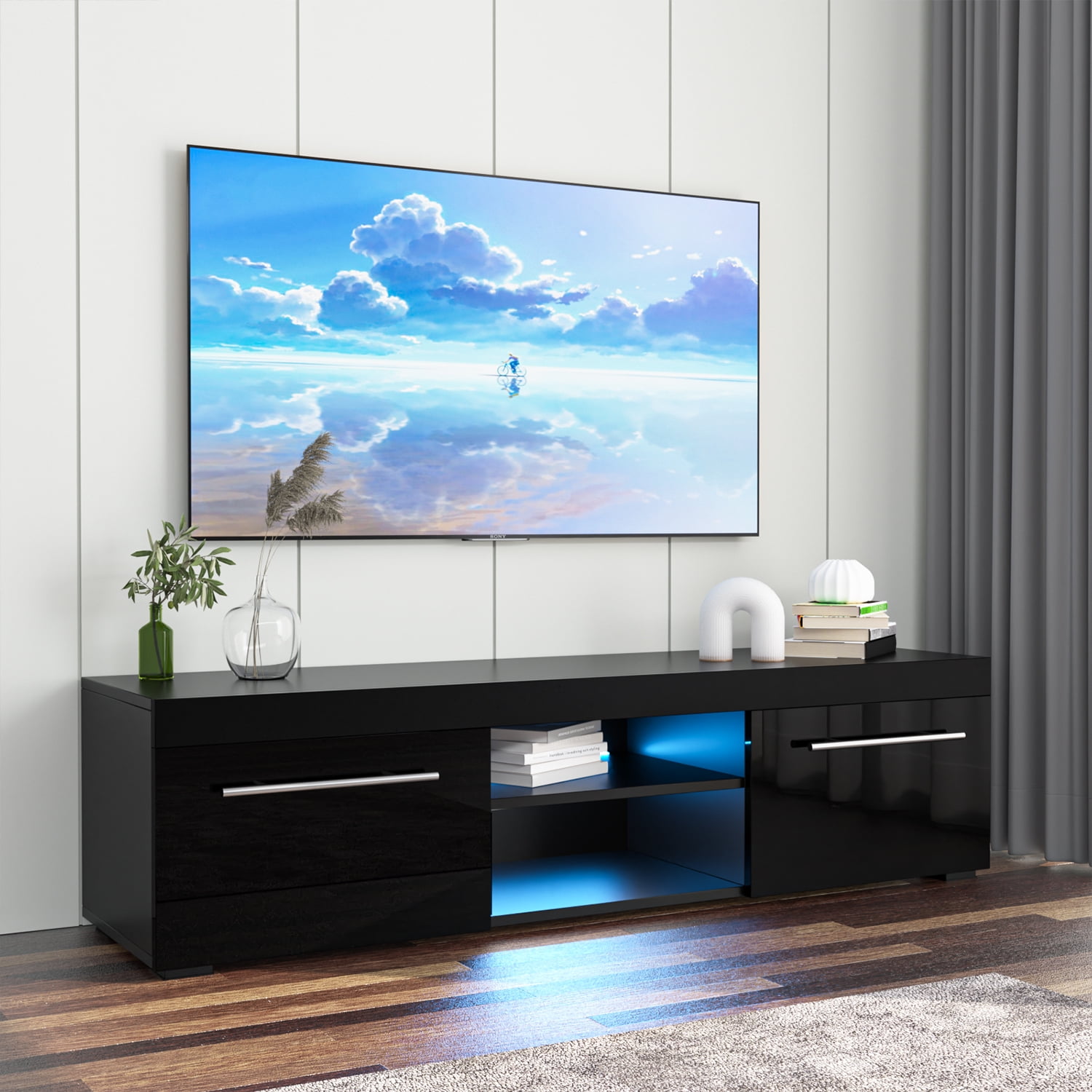 "Hommpa 59"" TV Stand - High Gloss Black, Modern Design with 2 Drawers ...