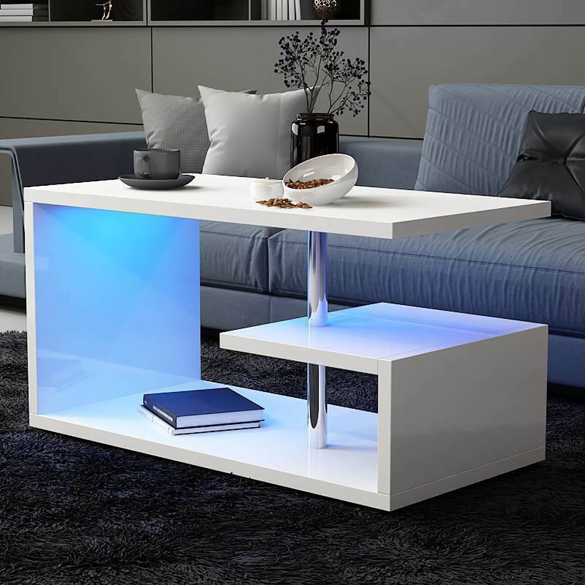 Hommpa LED Illuminated Coffee Table with Storage & Display Shelves for ...