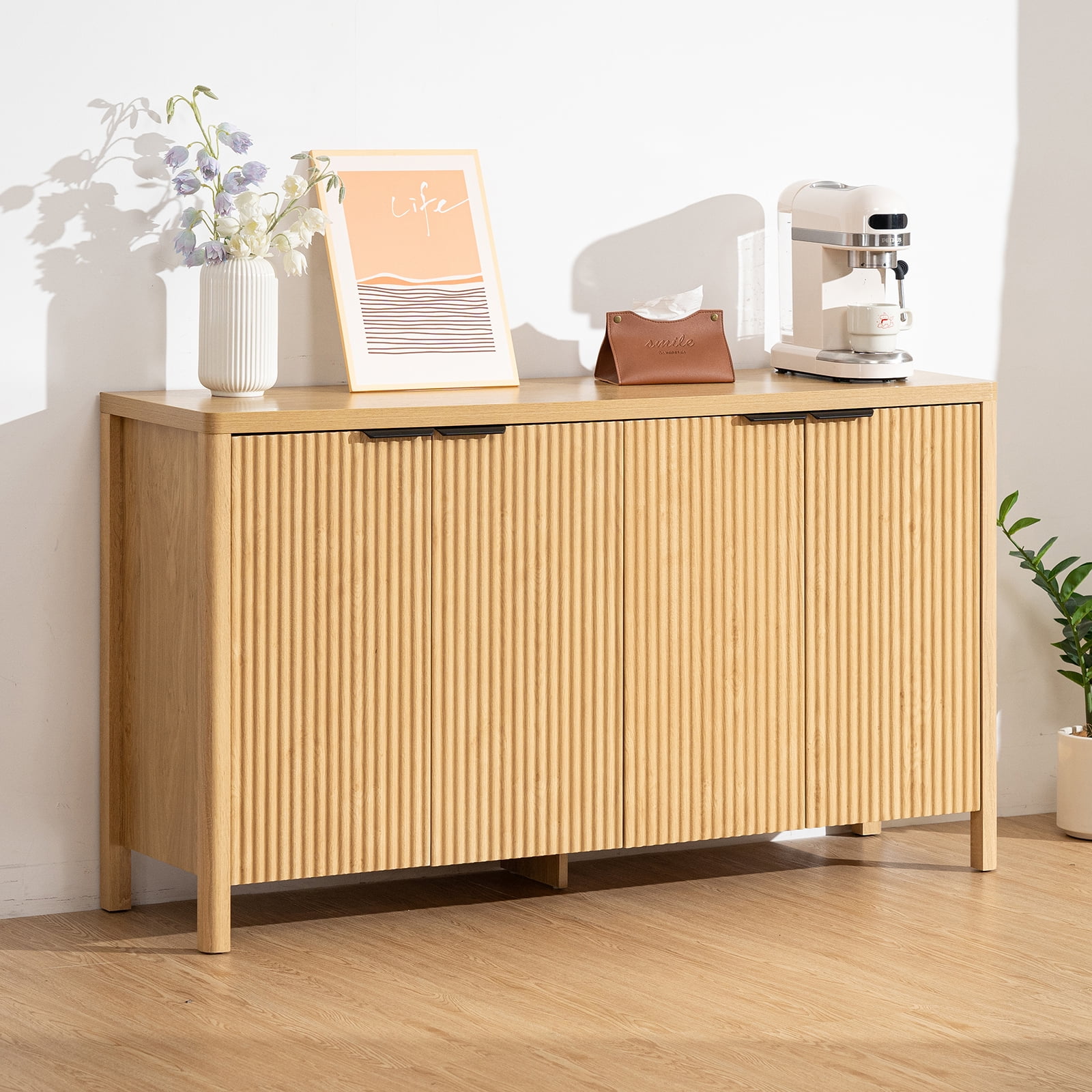 Hommpa Kitchen Sideboard with Storage 4 Fluted Doors & Adjustable ...
