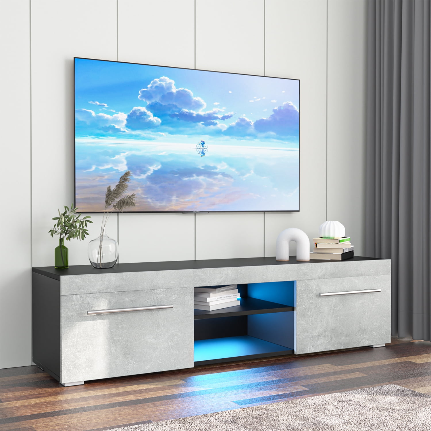 Hommpa Modern TV Stand with LED Backlight, 2-Door Storage Cabinet for ...