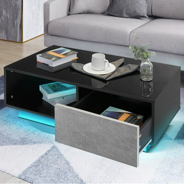 Hommpa High Gloss Gray Black Coffee Table with 2 Drawers LED Sofa Side ...