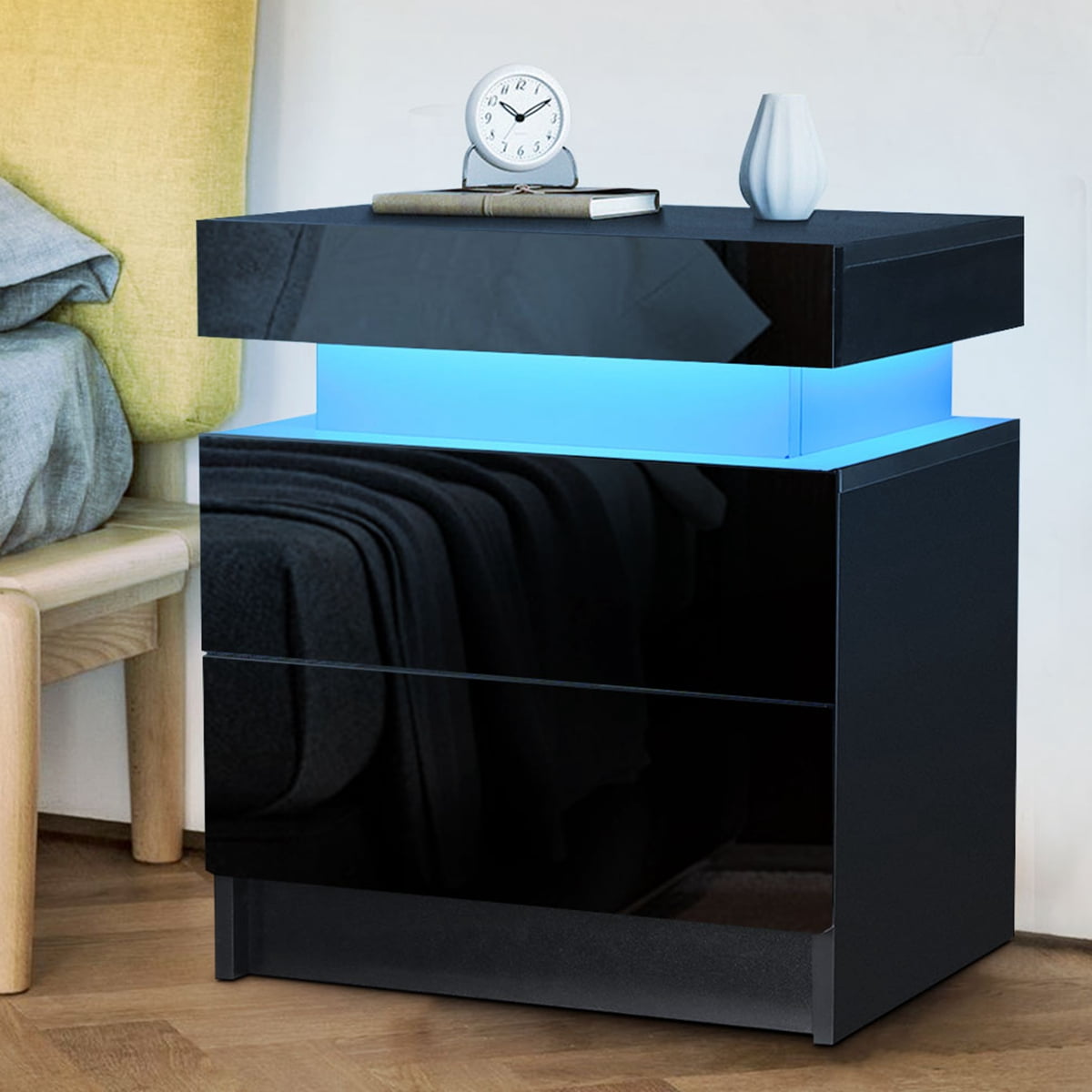 Hommpa High Gloss LED Nightstand with 2 Drawers Modern Bedside Tables ...