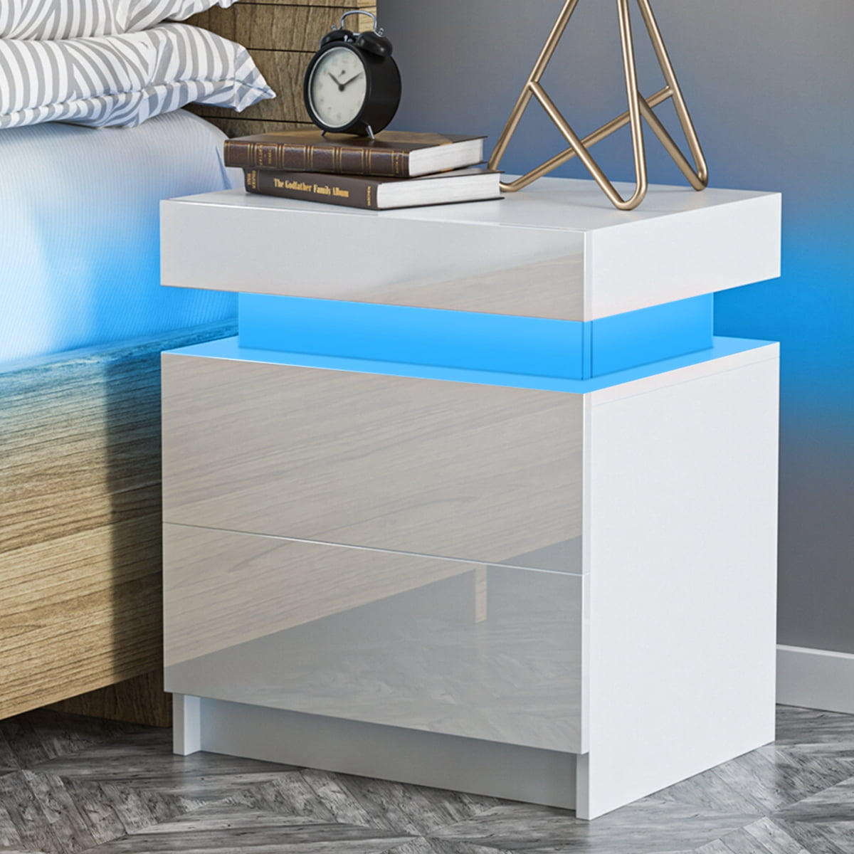 Hommpa High Gloss LED Nightstand with 2 Drawers Modern Bedside Tables ...