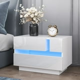 Hommpa High Gloss LED Nightstand Modern Bedside Table with 2 Drawers White Night Stand Side ...