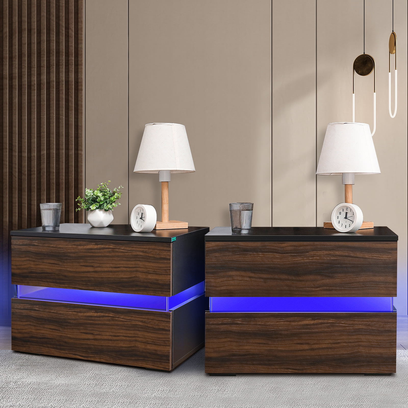 Hommpa High Gloss LED Nightstand Set of 2 Modern Bedside Table 2 ...