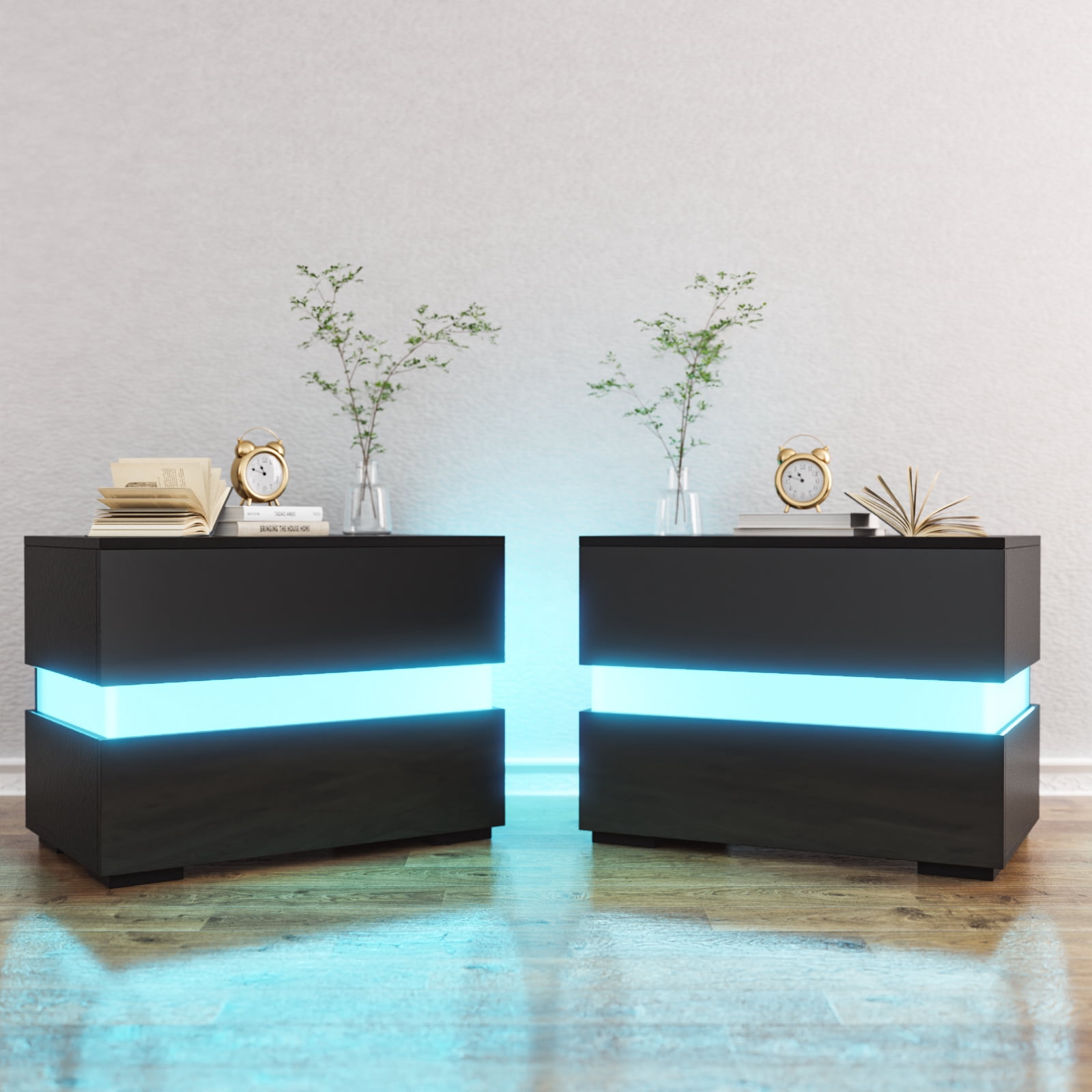 Hommpa High Gloss LED Nightstand Set of 2 Modern Bedside Table 2 ...