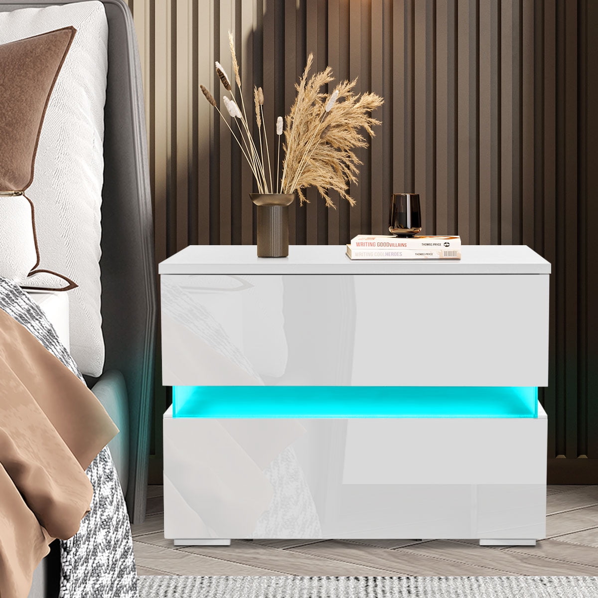 HOMMPA Modern High Gloss Nightstand, RGB LED Light, 2 Drawers, White ...