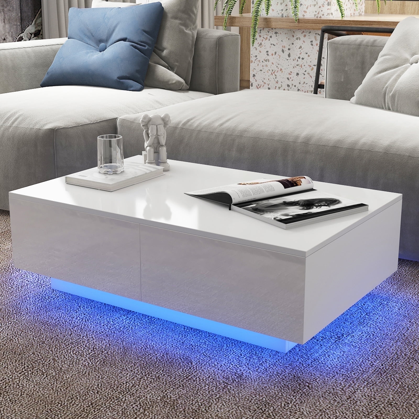 Hommpa High Gloss White Coffee Table with 4 Drawers LED Sofa Side End ...