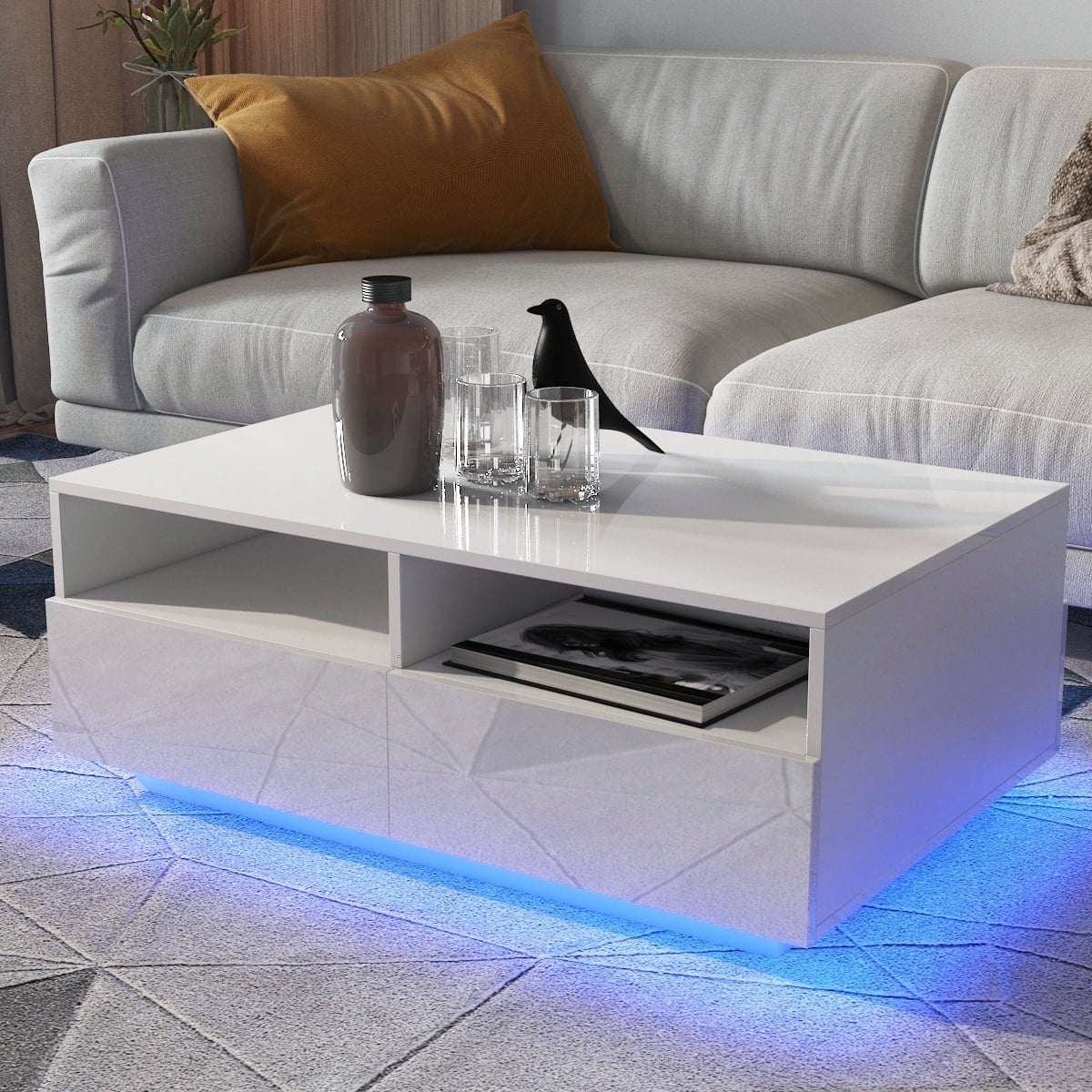 Hommpa High Gloss LED Coffee Table with Storage for Living Room, White ...