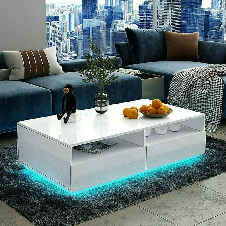 Hommpa High Gloss LED Coffee Table with 4 Drawers for Big Living Room Modern Center Table 35.4 x 22 x 13.8 Inches Walmart