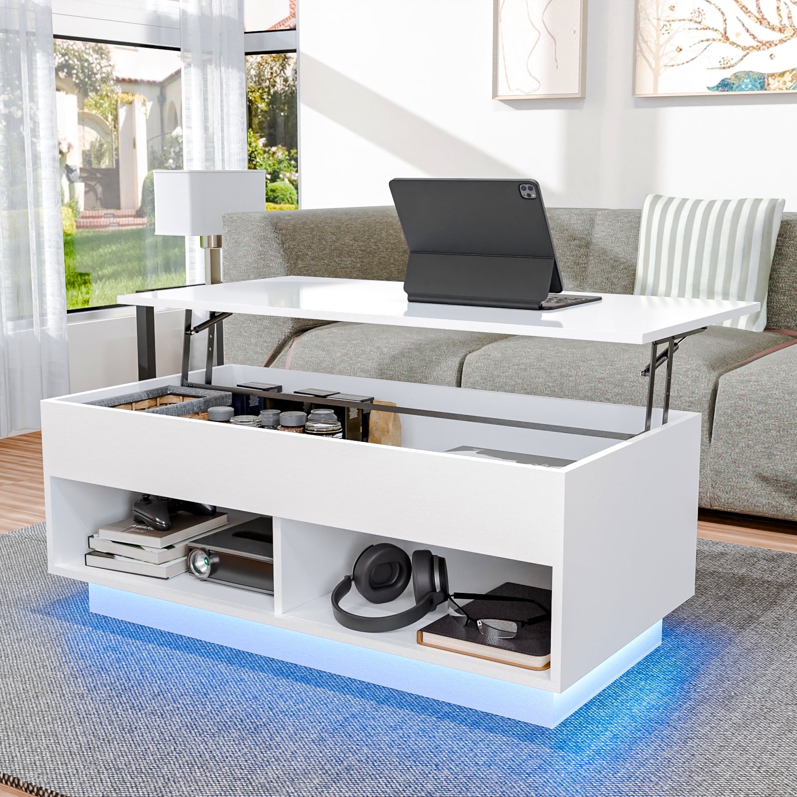HOMMPA Lift Top Coffee Table White with Hidden Storage and RGB LED ...