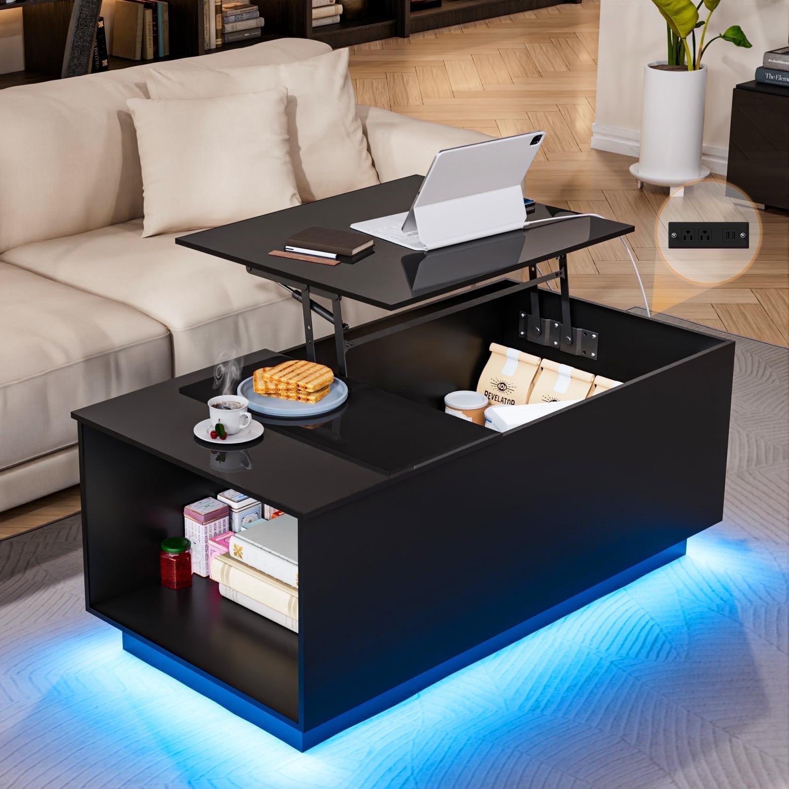 Hommpa LED Lift Top Coffee Tables with Charging Station End Side Dining ...