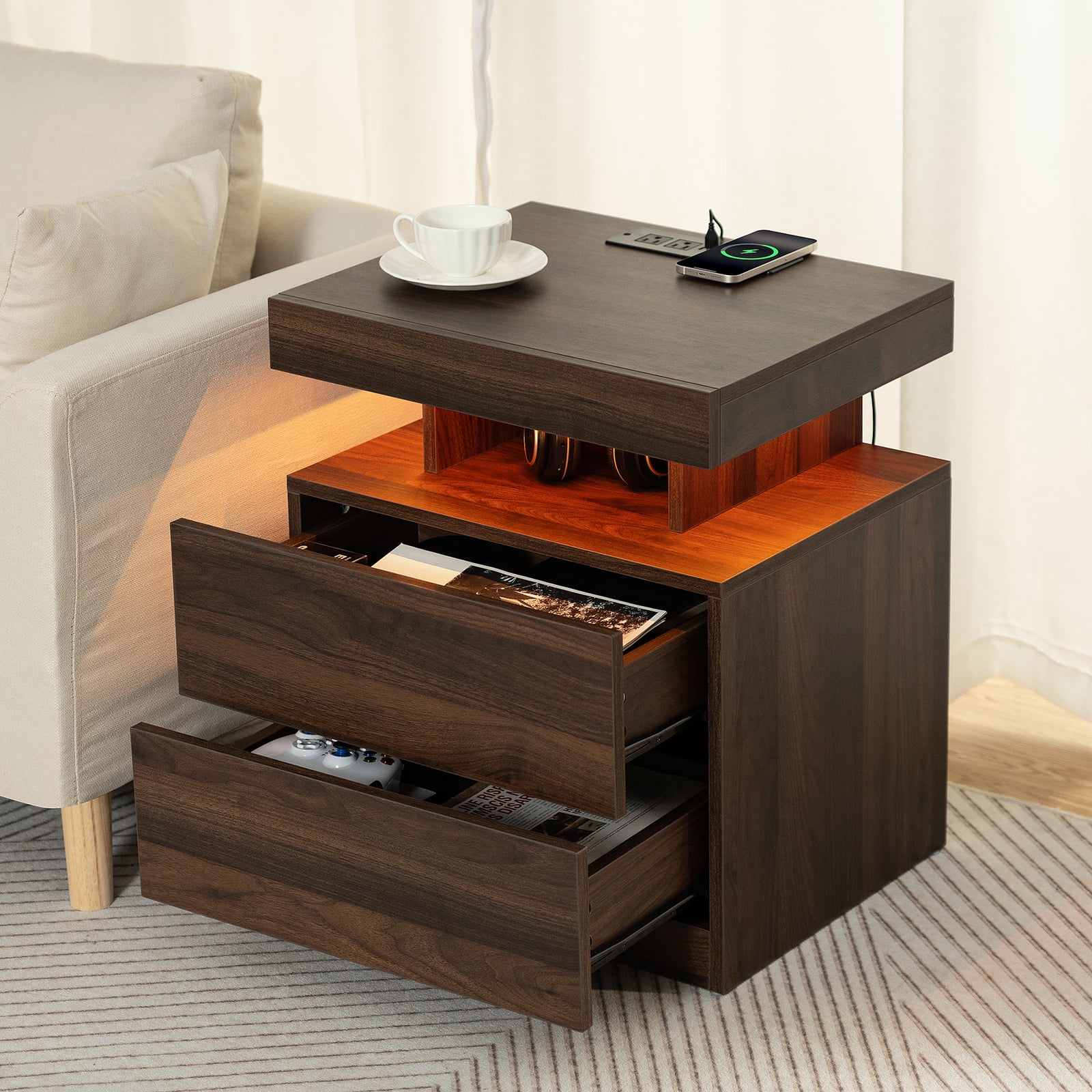 Hommpa LED Nightstand, 2 Drawers Bedside Tables with Wireless Charging ...