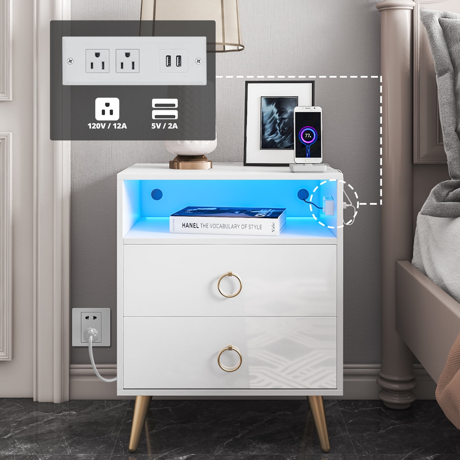 Hommpa Powered Nightstand with 2 USB & AC Charger Ports, 2 Drawers, LED ...