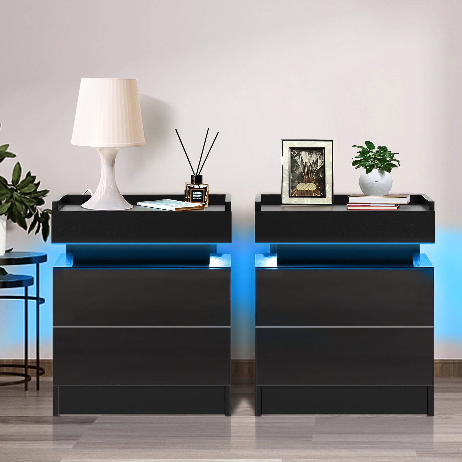 Hommpa LED Nightstand Set of 2 Modern 2 Drawers Bedside Table High ...