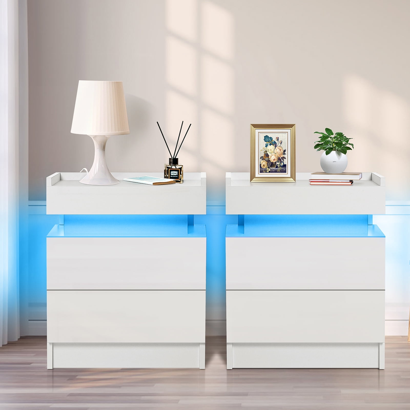 Hommpa LED Nightstand Set of 2 Modern 2 Drawers Bedside Table High ...