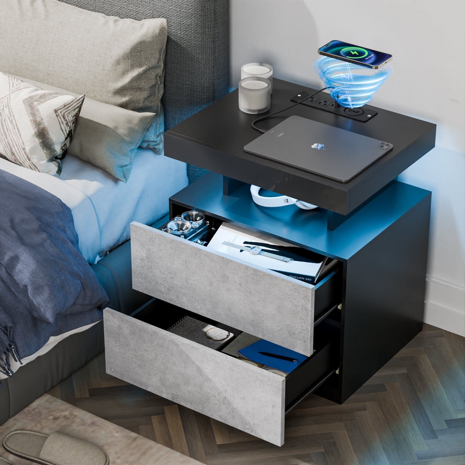 Hommpa LED Nightstand with Wireless Charging, Type C USB Port, 2 ...
