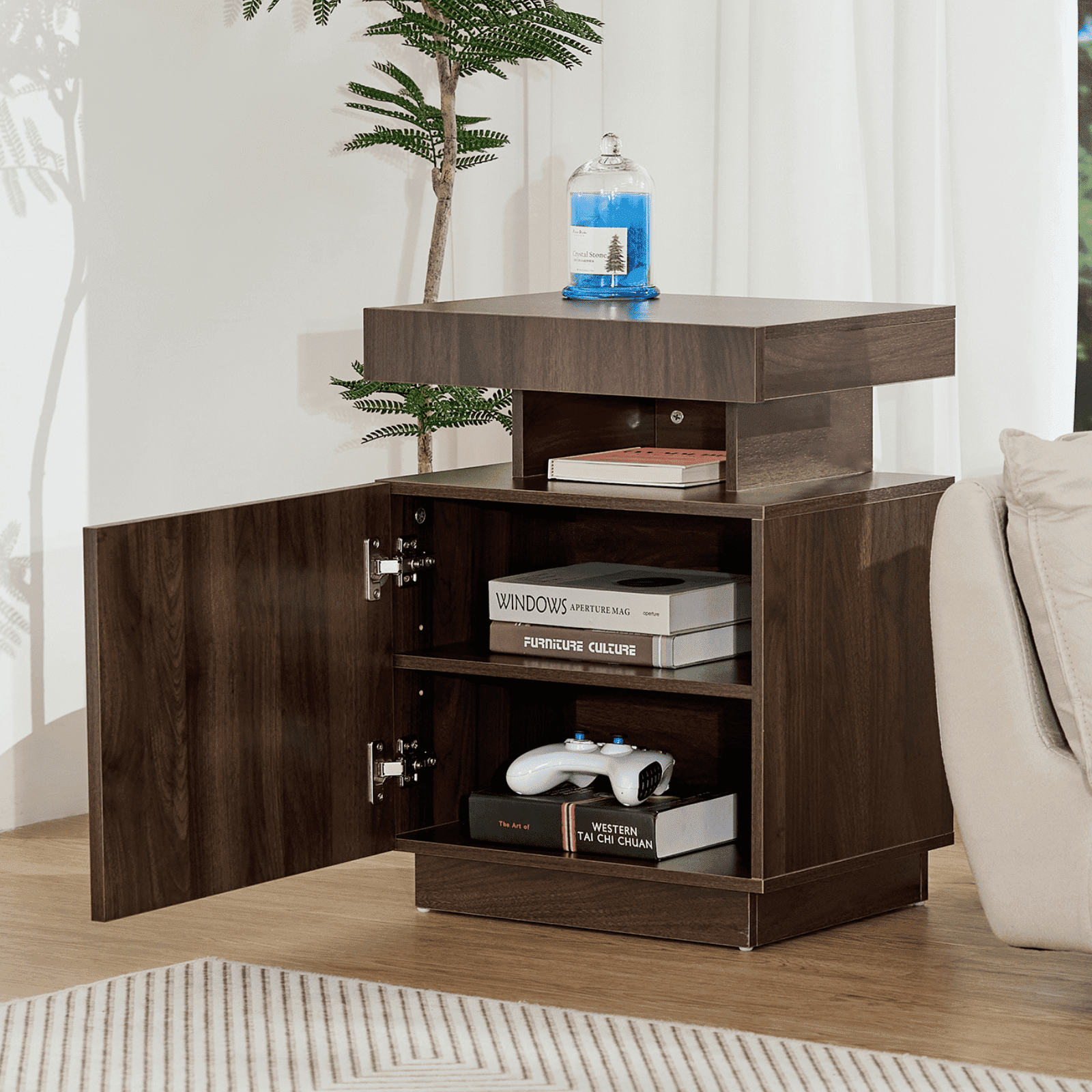 Hommpa LED Nightstand with Large Cabinet High Gloss Door Bedside Table ...