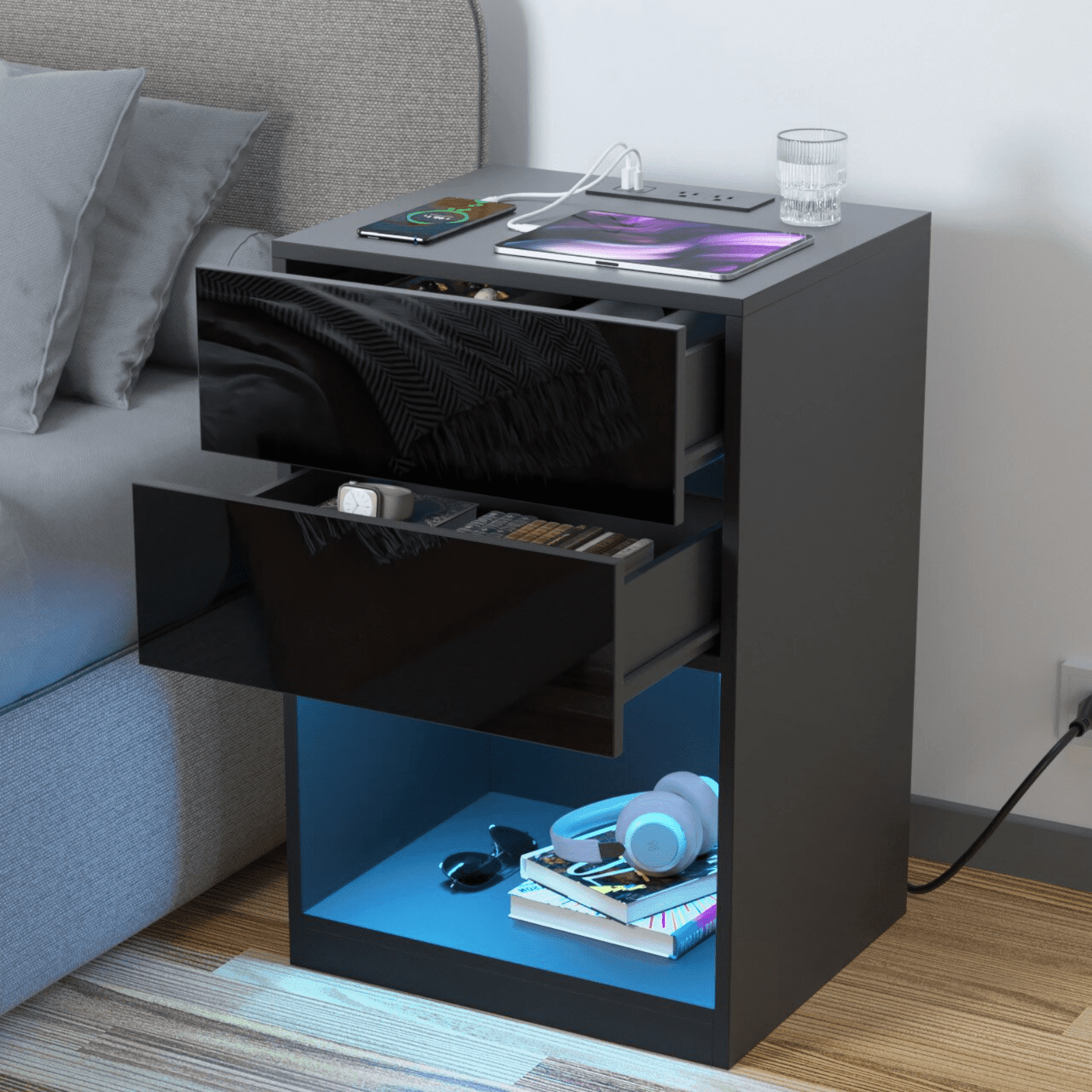 Hommpa LED Nightstand, Modern High Gloss Black, Wireless Charging USB ...