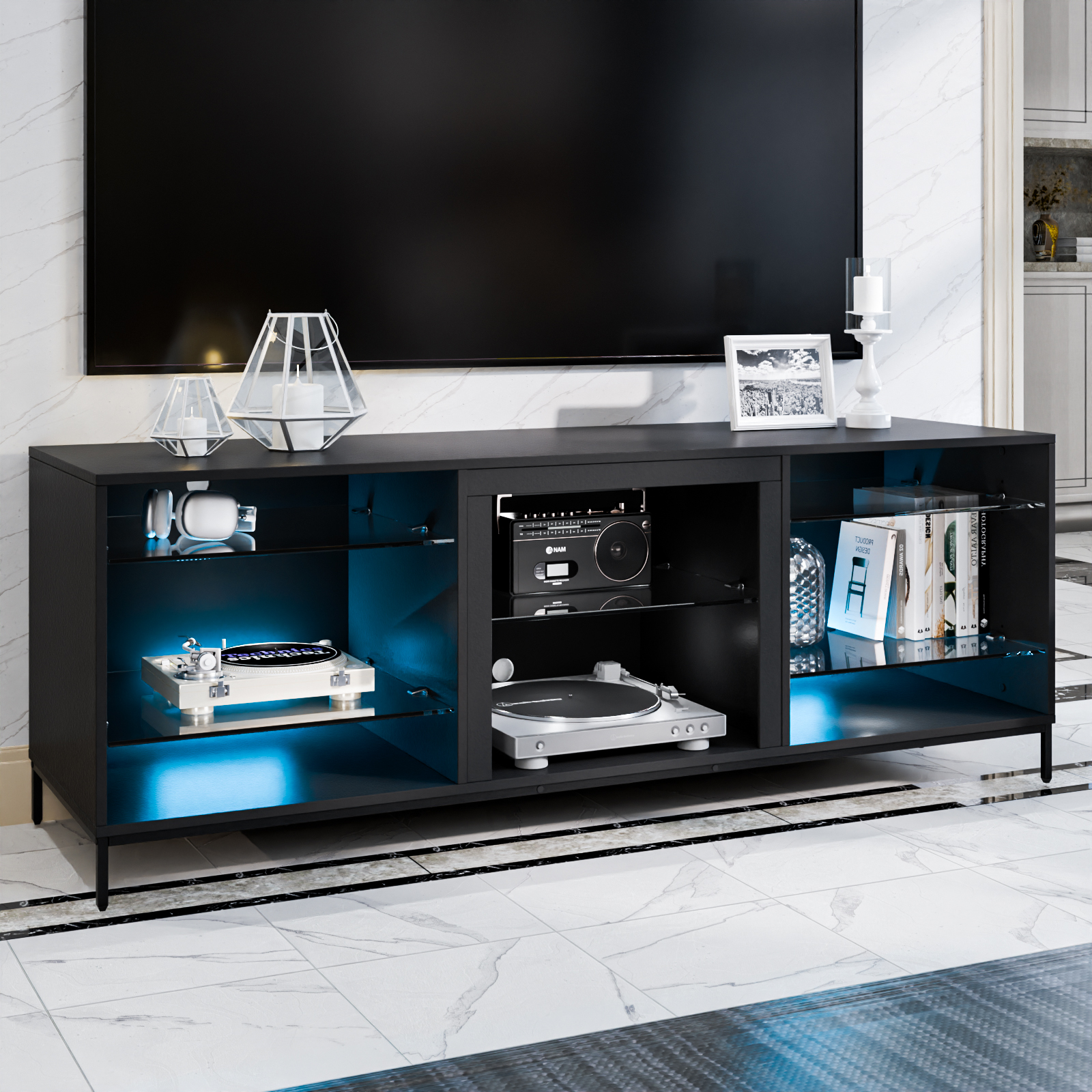 Modern TV Stand, Minimalist TV Cabinet with 3 Open Shelves & 3 Drawers ...