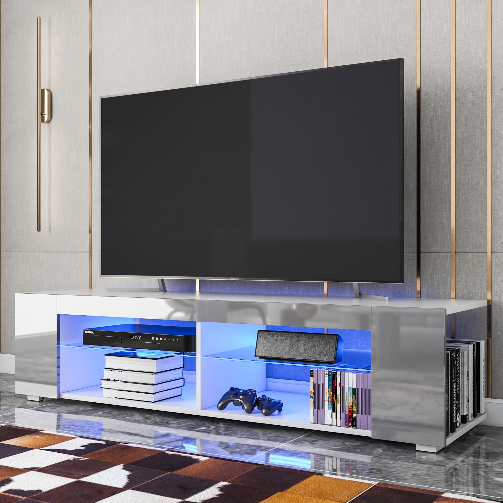 Hommpa Modern LED TV Stand with Multi-color Backlight, Side Bookshelf ...