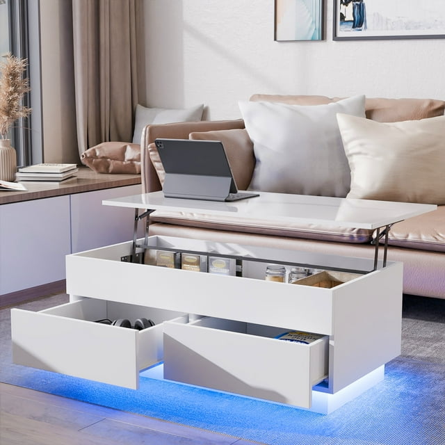 Hommpa 40" White Lift Top Coffee Table with LED Lights Rectangle Sofa ...