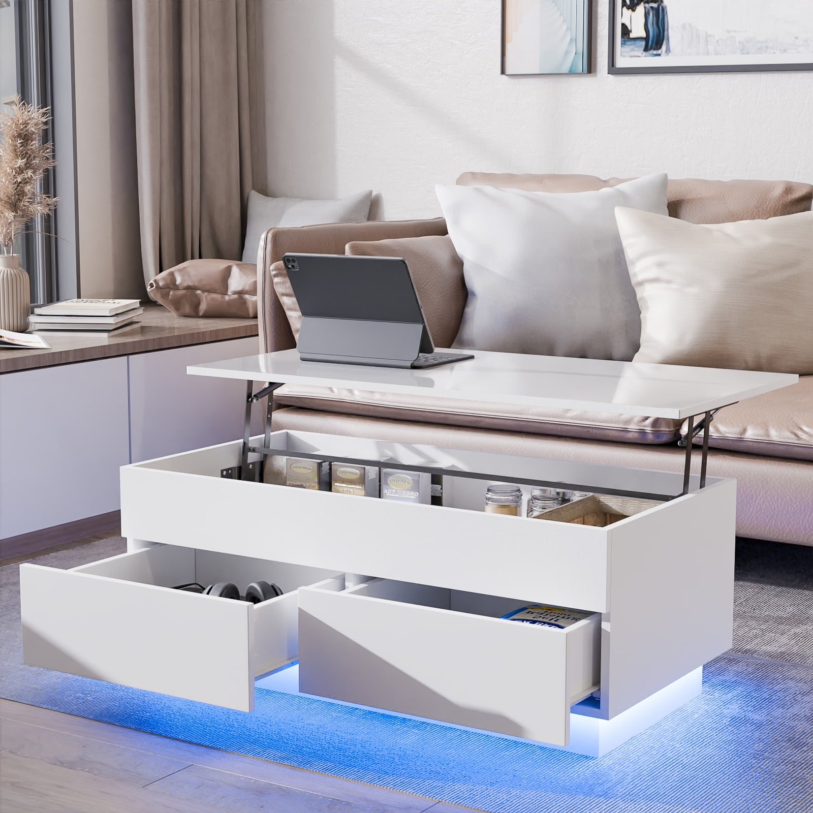 Hommpa Modern Lift Top Coffee Table with LED Lights, Convertible Low ...