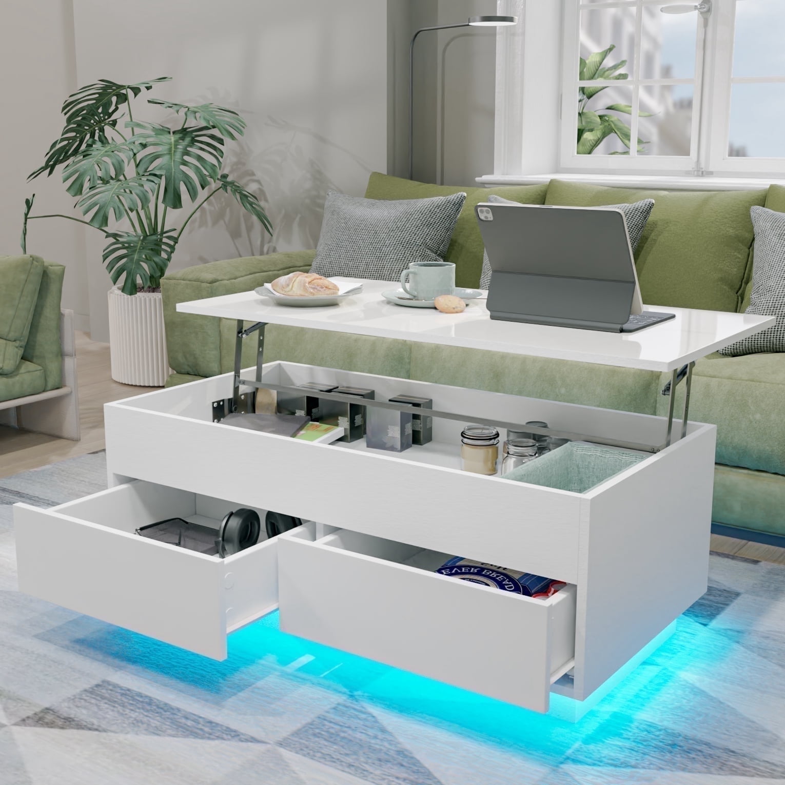 Hommpa Lift Top Coffee Table with LED Lights 40" Rectangle Sofa Side ...