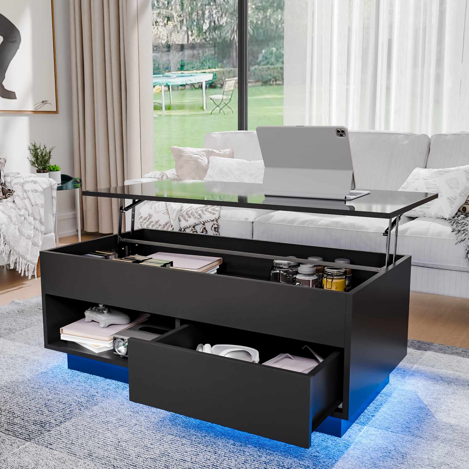 SYNGAR LED Coffee Table with 4 Storage Sliding Drawers and Open Shelves ...