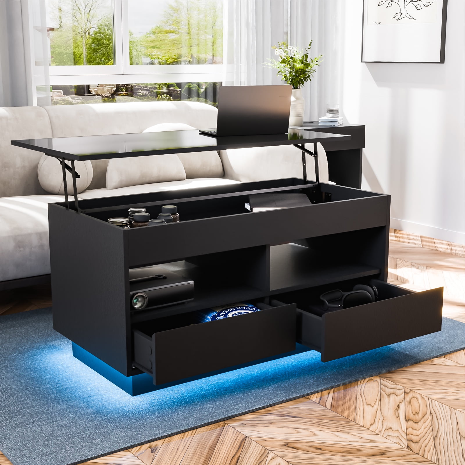Hommpa Multifunctional Lift Top Coffee Table with LED Light, Storage ...
