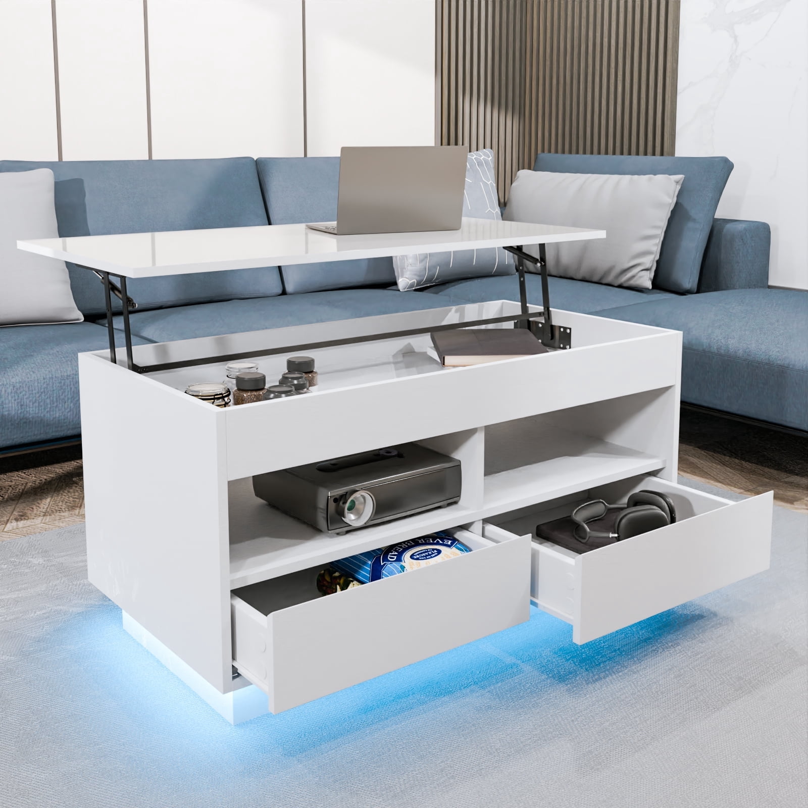 Sturdy Hommpa Rectangular Lift Top Coffee Table with LED Light and ...