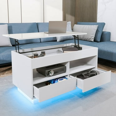 Lift Top Coffee Table with Charging Station, LED Lights, Drawer, and ...