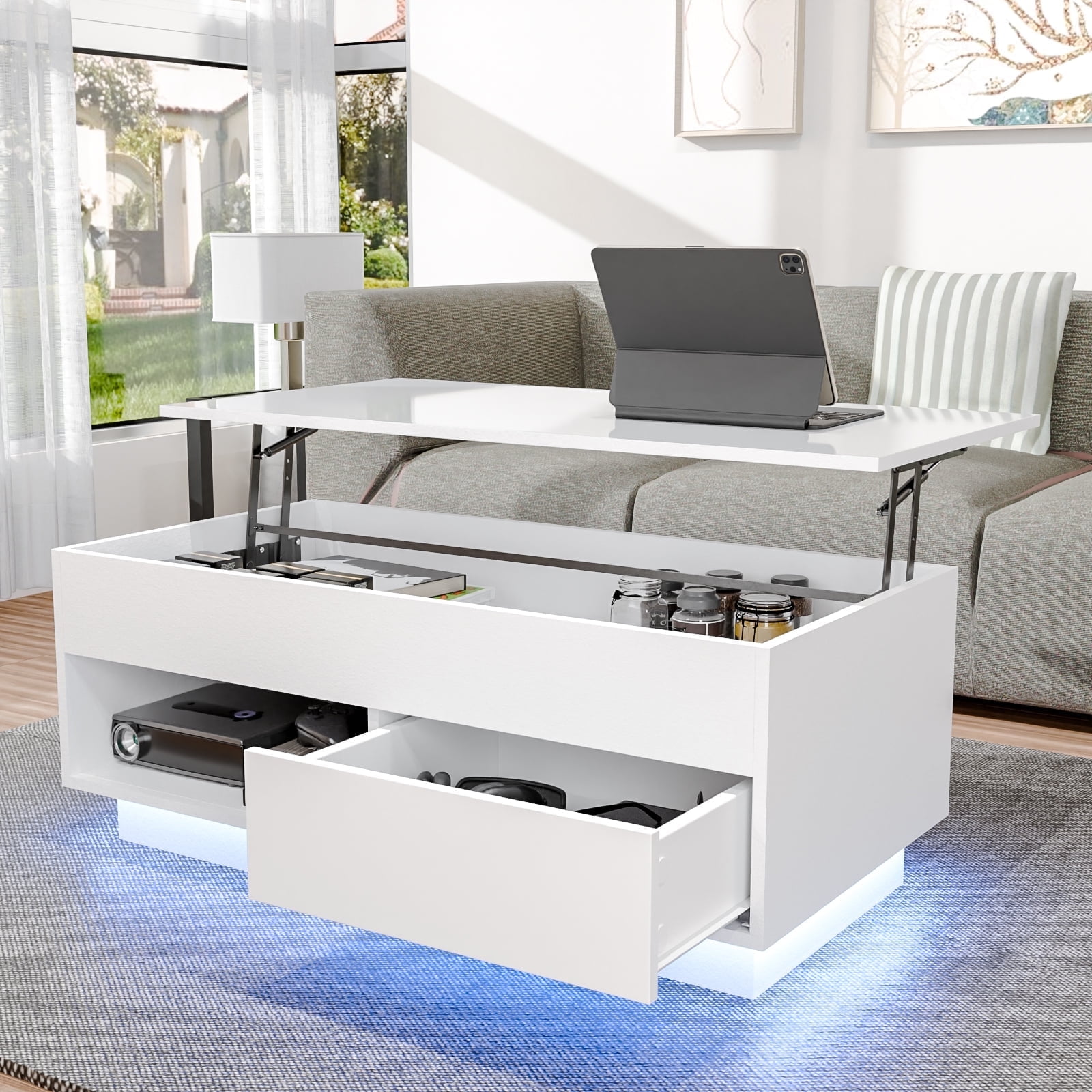 EUROCO Modern 45.3" Rectangle High-gloss Lift Top Coffee Table with ...