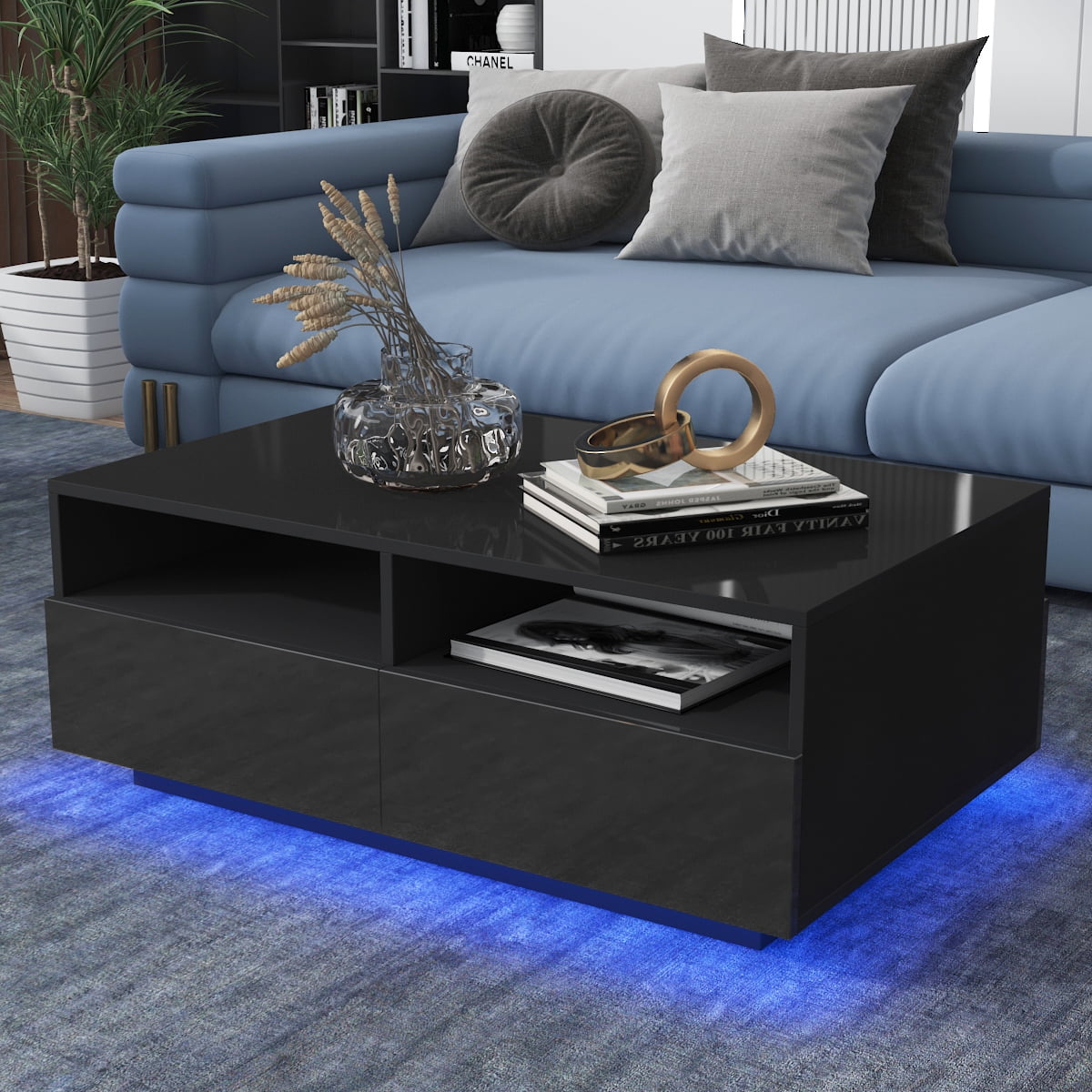 Hommpa Modern Coffee Table with 4 Drawers Open Shelf LED Center ...