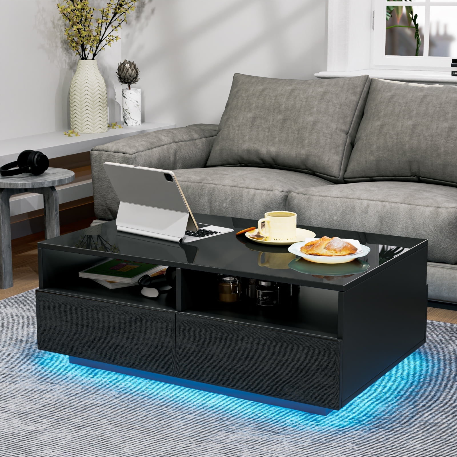 Hommpa Contemporary Living Room LED Lights Coffee Table with 4 Drawers ...