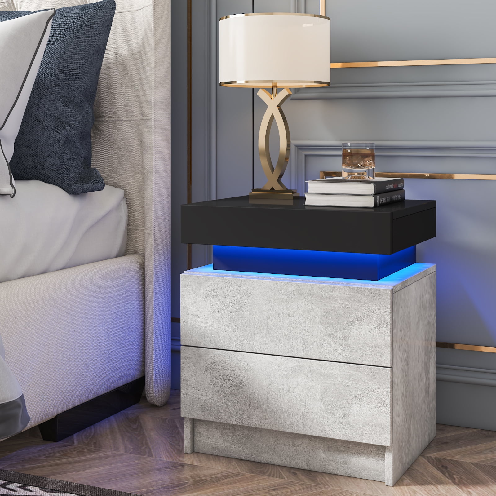 Hommpa Modern LED Bedside Table Gray Black 2 Drawers Nightstand Cabinet ...