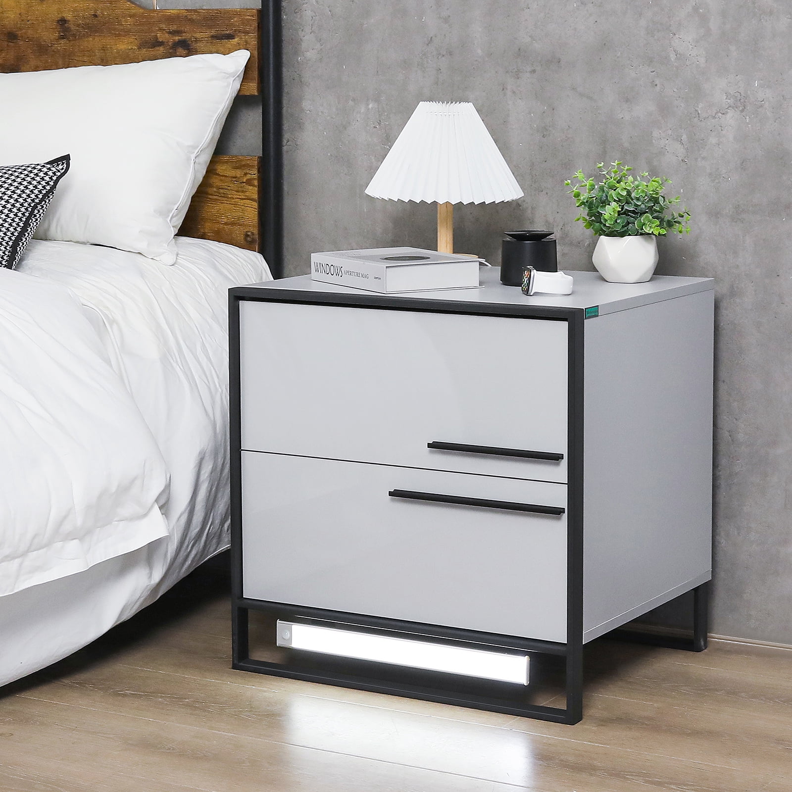 Hommpa Modern LED Nightstand 2 Drawer Bedside Table Metal Handle ...