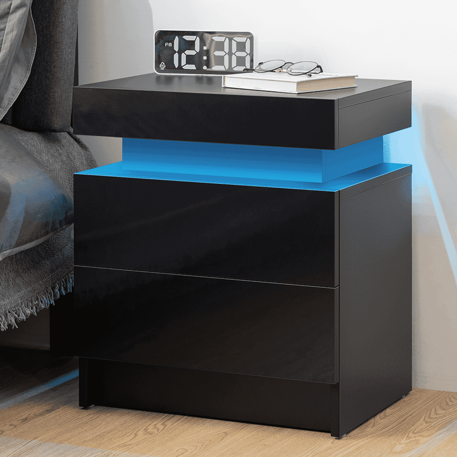 Free Shipping! Hommpa Modern LED Nightstand with 2 Drawers High Gloss ...