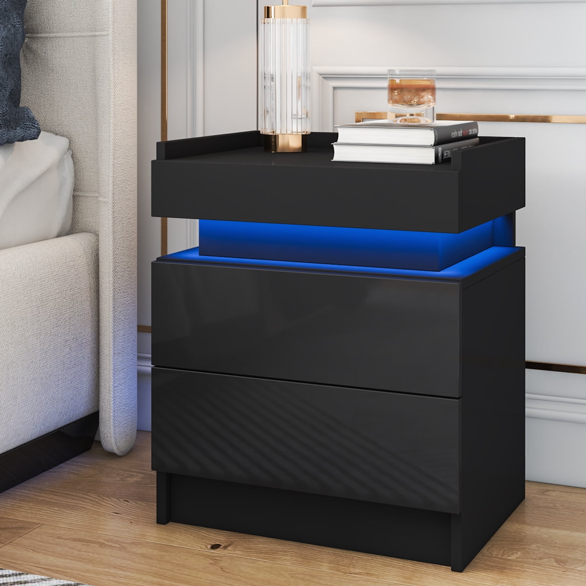 Hommpa Modern LED Nightstand with Border 2 Drawer Bedside Table High ...