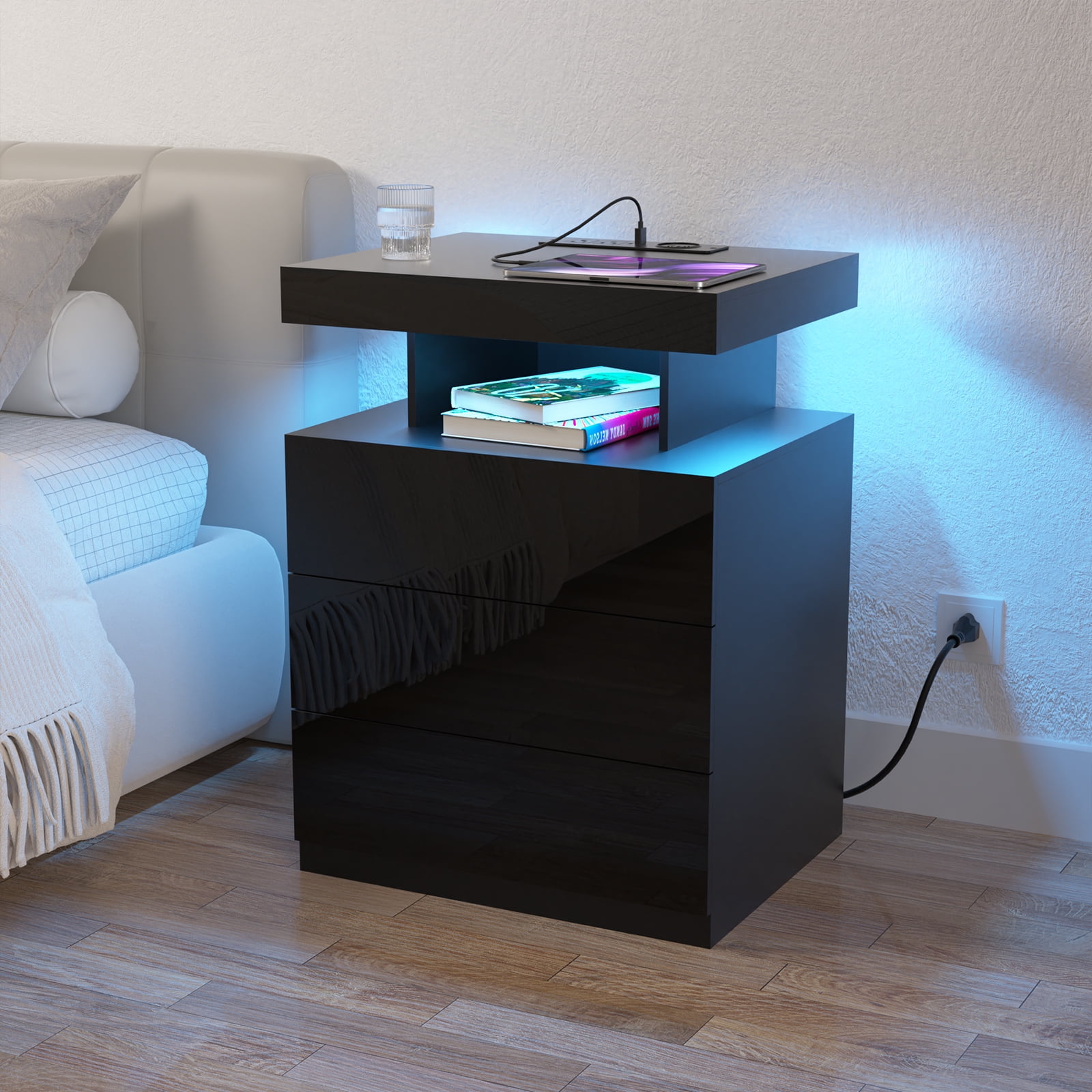 Hommpa Modern LED Nightstand with Charging Station USB Type C 3 Drawer ...