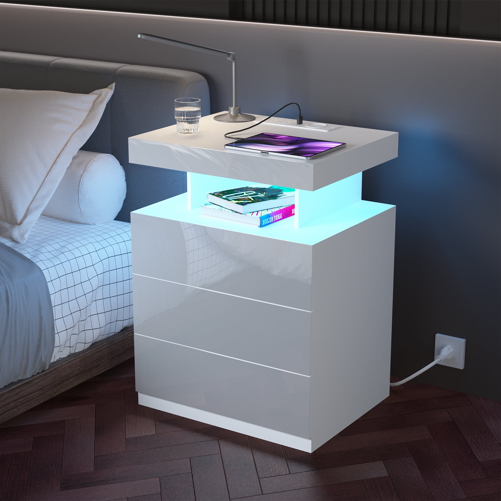 Hommpa Modern LED Nightstand with Charging Station USB Type C 3 Drawer ...