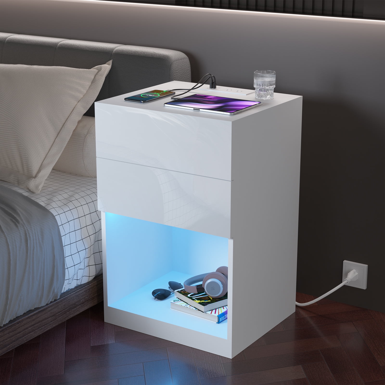 Hommpa Modern Nightstand with Charging Station High Gloss LED Light ...