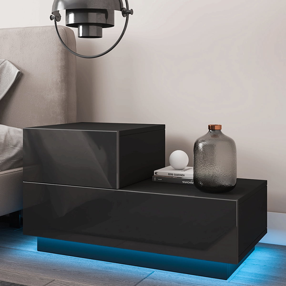 Hommpa High Gloss L-Shaped LED Nightstand with 2 Drawers & RGB ...