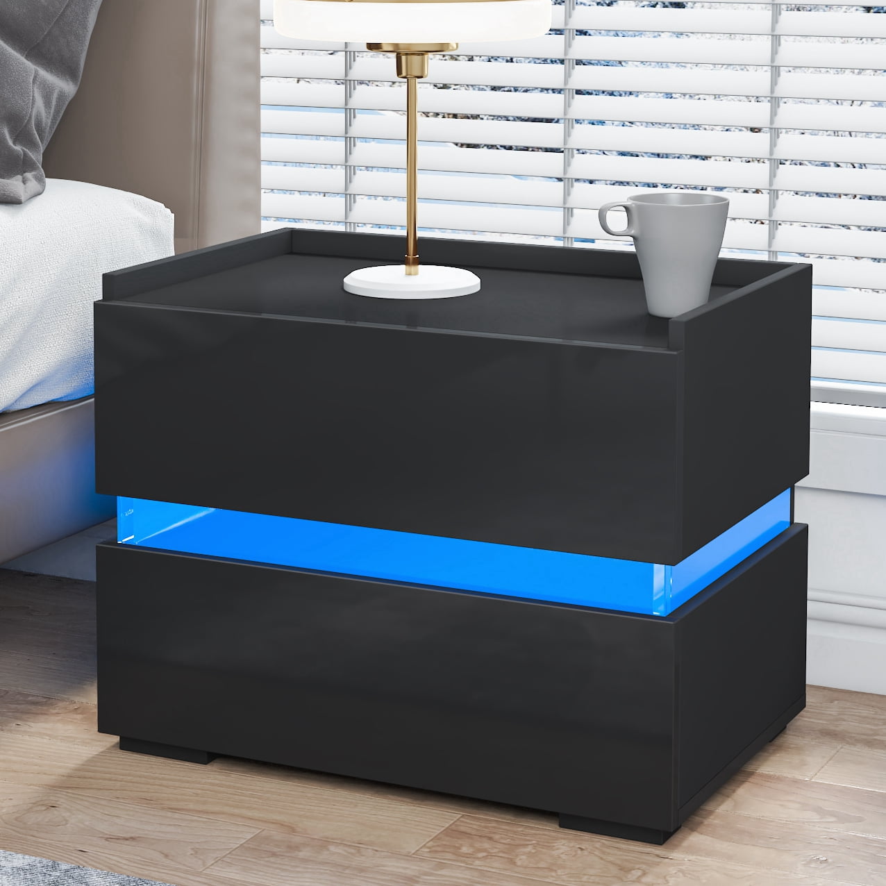 Hommpa Modern Nightstand with LED Light High Gloss Bedside Table ...