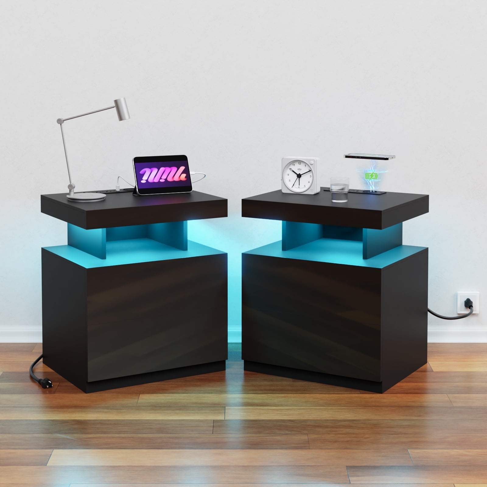 Hommpa Modern Nightstand Set of 2, LED Tables with 15W Wireless ...