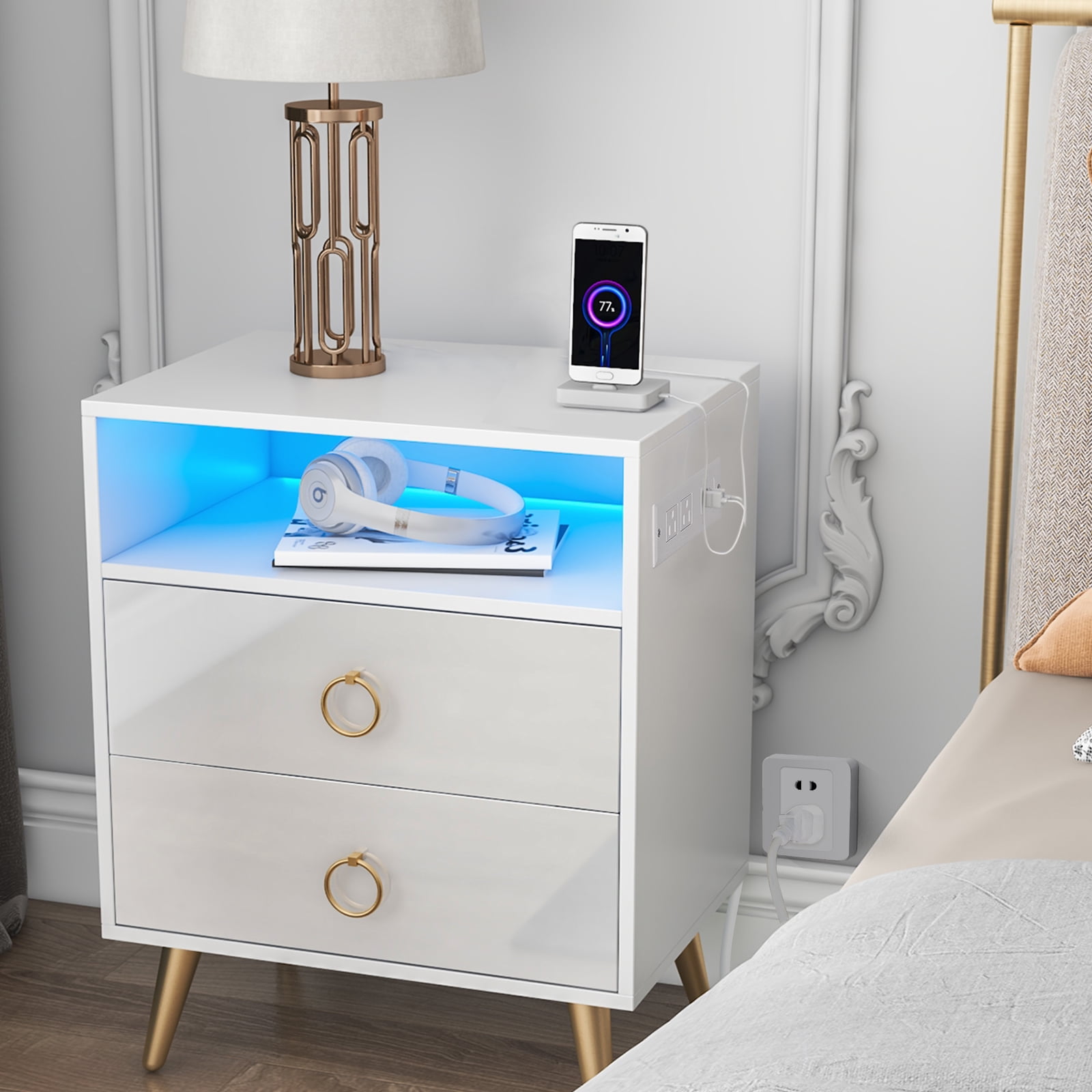 Hommpa Modern Nightstand with USB Charging Ports, 2 Drawers, LED Light ...