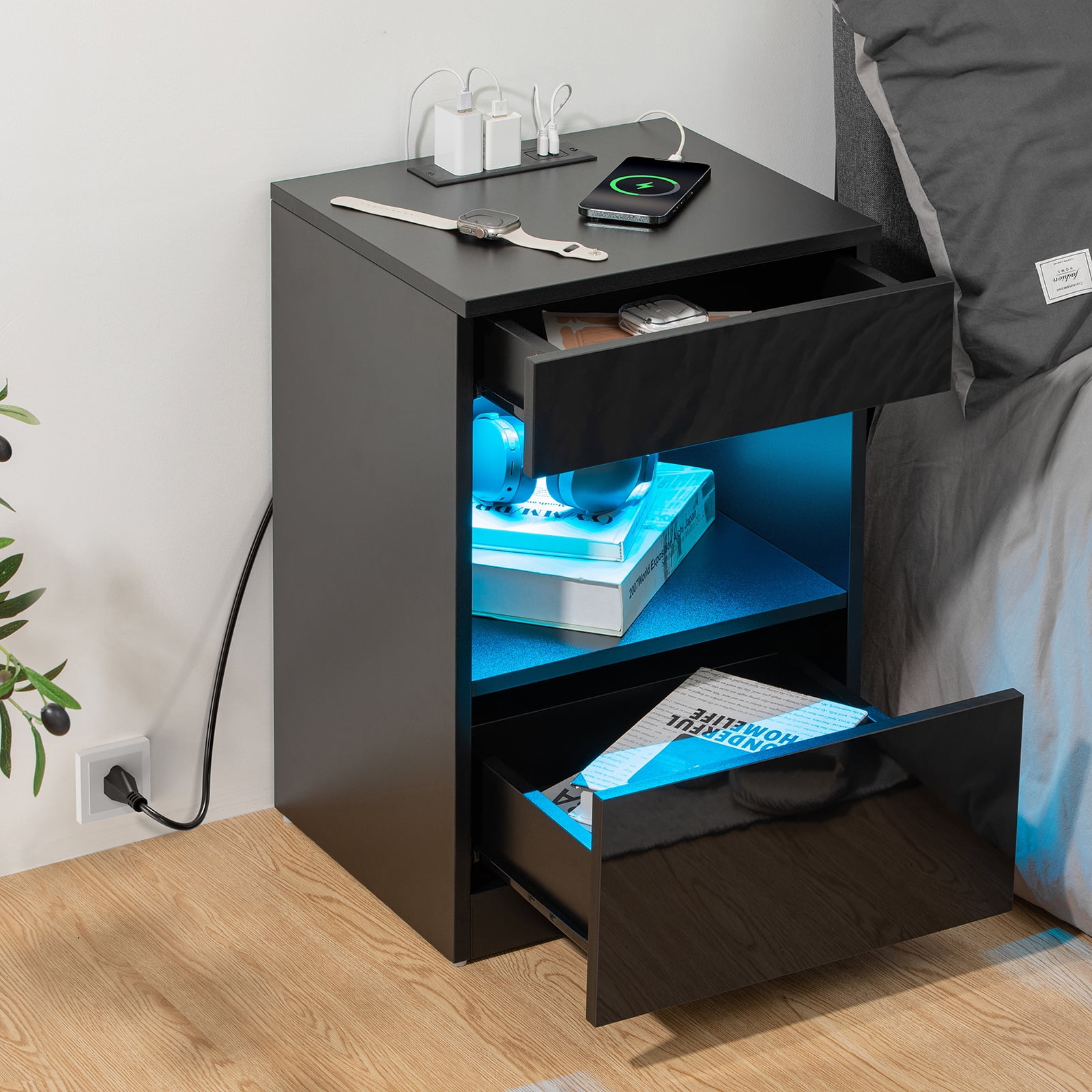 Hommpa Nightstand with Charging Station Nightstands with 2 Drawer Open ...